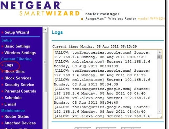 Logs section located on the left hand side if you are using a Netgear ...